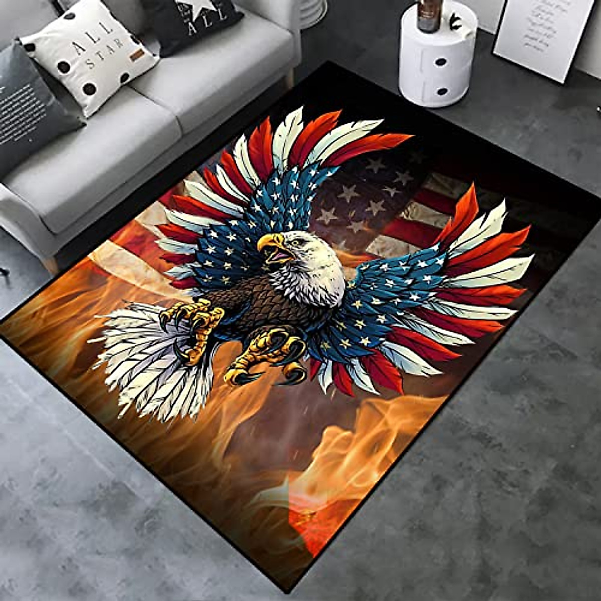 Retro American Flag with Eagle Home Decor Large Area Rugs, Indoor Floor Mats for Adult Kid's Bedroom, Vintage USA Star Stripe Flag Polyester Non-Slip Soft Carpets Doormats for Bathroom Living Room