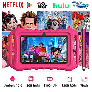 Tablet for Kids,7 inch Tablet for Toddlers 3GB RAM 32GB ROM, Android 12.0 Kids Tablet with Dual Camera, WiFi, Bluetooth, Parental Control, Shockproof Case, YouTube, Netflix,Toddler Tablet for Children