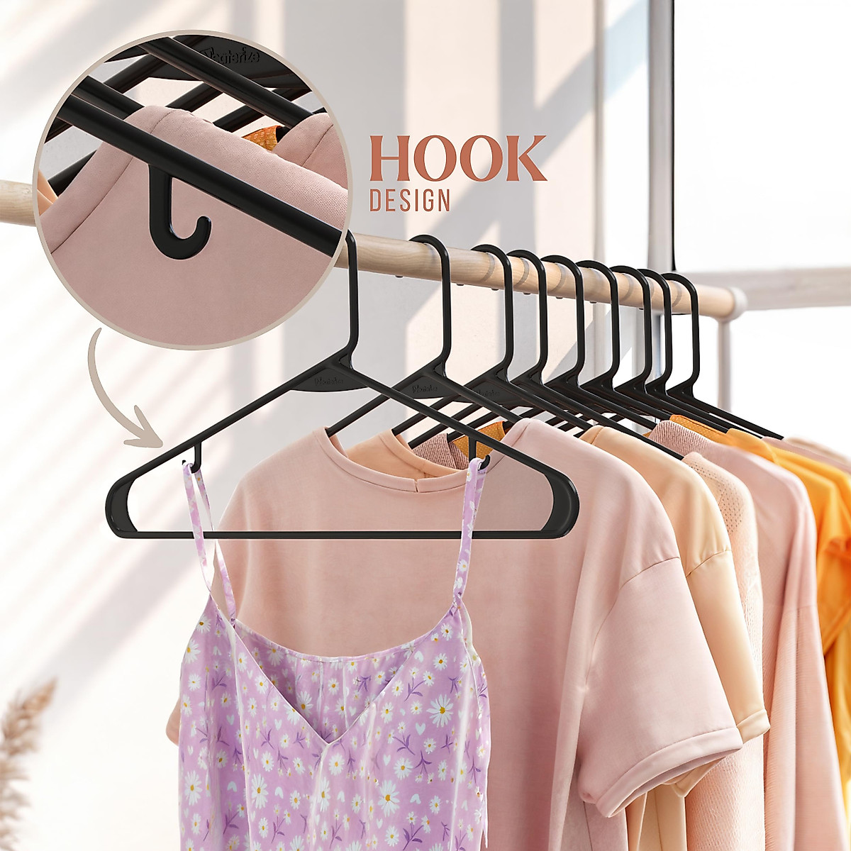 Plastic Clothes Hangers (20, 40, 60, 100 Packs) Heavy Duty Durable Coat and Clothes Hangers | Vibrant Color Hangers | Lightweight Space Saving Laundry Hangers (20 Pack - Black)