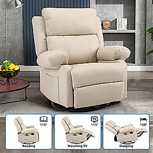 Kasorix Swivel Rocker Recliner Chairs, Nursery Glider Chair, Nursery Rocking Chairs, Faux Leather Overstuffed Manual Massage Recliners with Heat, Reclining Single Sofa (Beige)