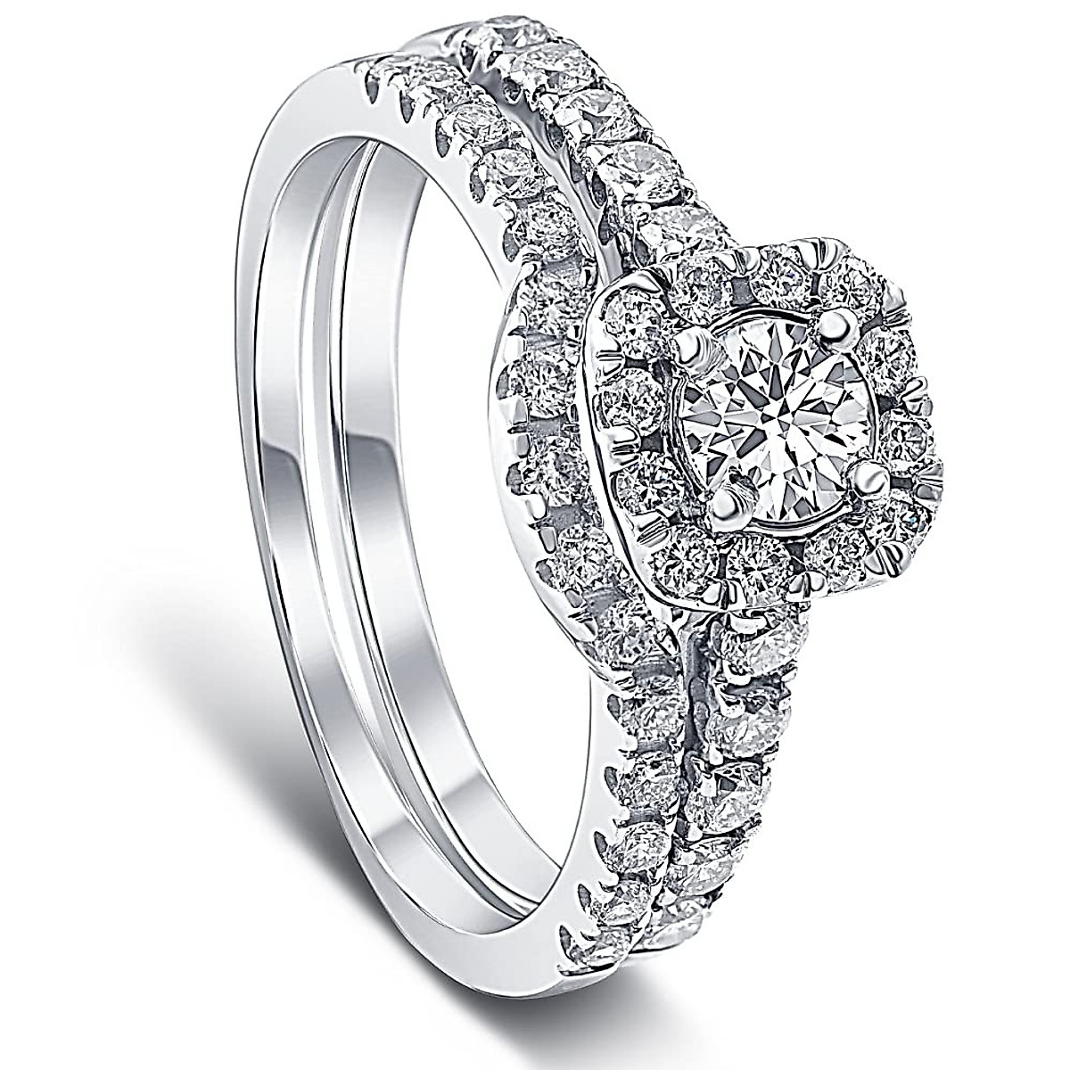 1 1/4Ct Cushion Halo Diamond Engagement Matching Wedding Ring Set 14K White Gold - Size 6.5