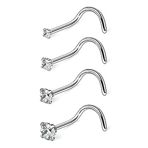 Ruifan 4PCS 18G 316L Surgical Steel 1.5mm 2mm 2.5mm 3mm Clear Round Diamond Cubic Zirconia Crystal Nose Screw Studs Rings Piercing Jewelry - Silver