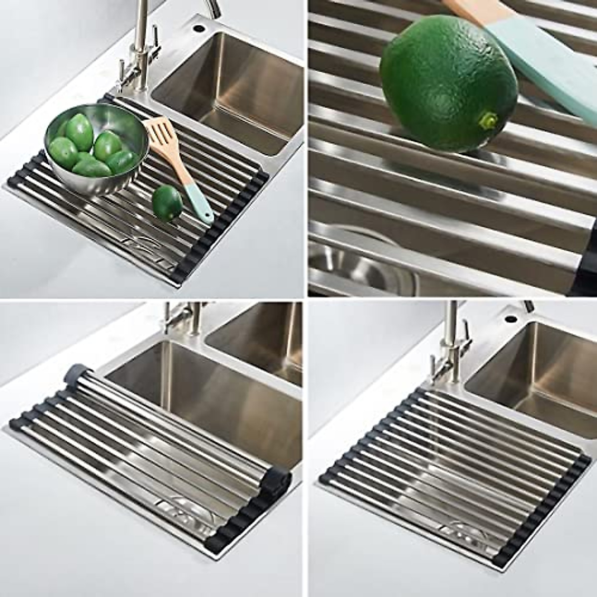 Ahyuan Roll up Dish Drying Rack Over The Sink Dish Drying Rack Square Tubes Dish Rack Over Sink Dish Racks for Kitchen Counter RV Camper Accessories for Travel Trailers (Black, 17.8''Wx13.4''L)