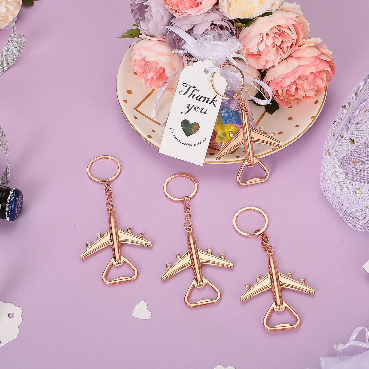 Winocbxt 50PCS AirplaneRose Gold Bottle Opener Keychains for Wedding or Bridla Shower Favors, Gifts, Souvenirs to Guests Bluk