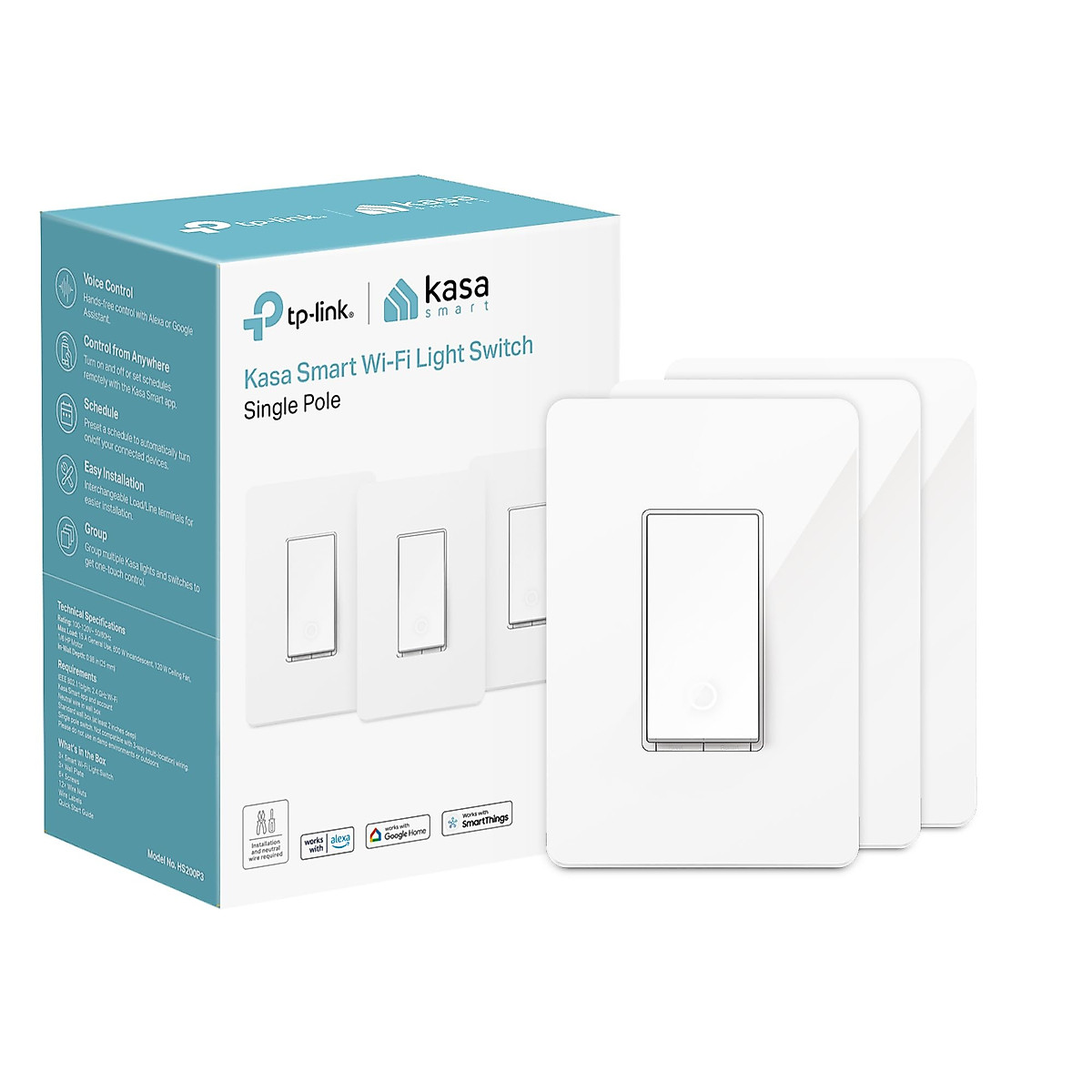 Kasa Smart Light Switch HS200P3, Single Pole, Needs Neutral Wire, 2.4GHz Wi-Fi Light Switch Works with Alexa and Google Home, UL Certified, No Hub Required, 3 Count -Pack of 1 , White