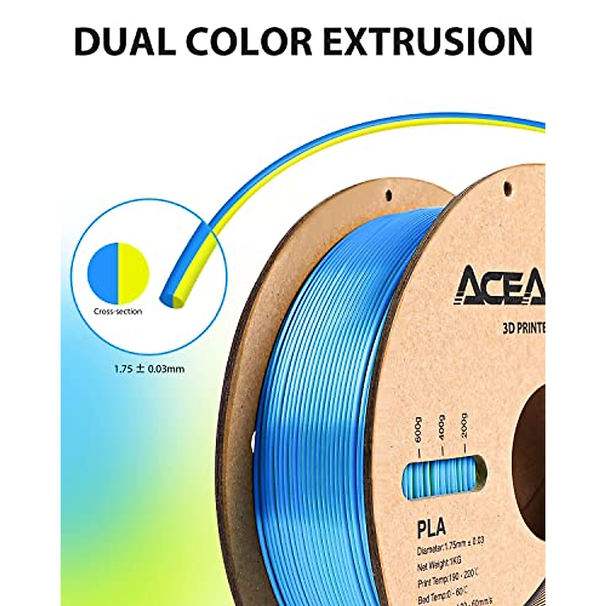 Aceaddity Silk Magic PLA 3D Printer Filament, Dual-Colour Co-Extrusion 1.75mm 3D Printing PLA Filament, Shiny Silk Coextruded PLA, Dimensional Accuracy +/- 0.03 mm, 1kg/2.2lbs (Blue-Yellow)