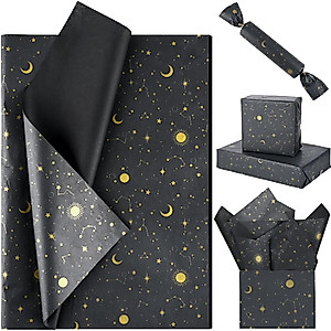 100 Sheets 20 * 14 Inches Galaxy Tissue Paper for Gift Wrapping, Black Gold Moon Star Printed Tissue Paper for Gift Bags for Birthday Christmas Baby Shower DIY Craft