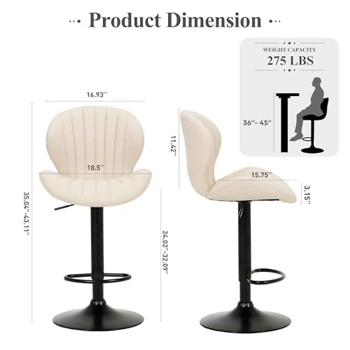 COLAMY Bar Stools Set of 4, Modern Swivel Bar Chairs, Adjustable Faux Leather Upholstered Barstools Counter Height with High Backrest for Bar, Kitchen Island, Dining Room, Beige