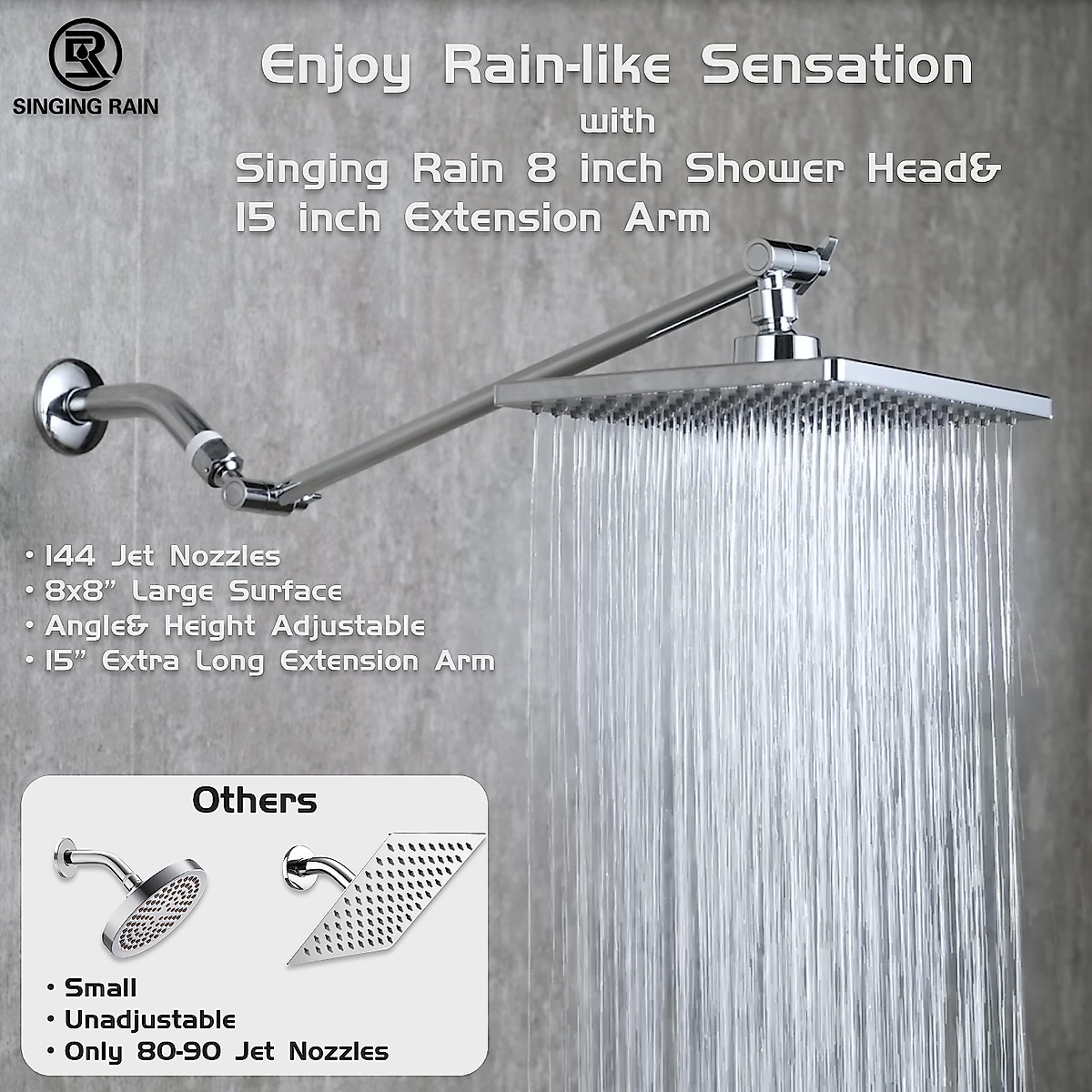 8'' Rain Shower Head with 15'' Extension Arm- 𝟮 𝗳𝗼𝗿 𝟭 𝗖𝗼𝗺𝗯𝗼 Large Surface Fixed Square Shower Head- Extra Long Adjustable Shower Head Extension Arm- Singing Rain Ultimate Shower Experience