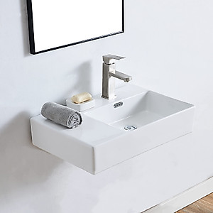 Bathroom Sink,White Wall Mounted Sink,Rectangle Wall Mount Bathroom Vessel Sink,24"X17"Modern Floating or Countertop Porcelain Ceramic Washing Bathroom Lavatory Sink,Right Side