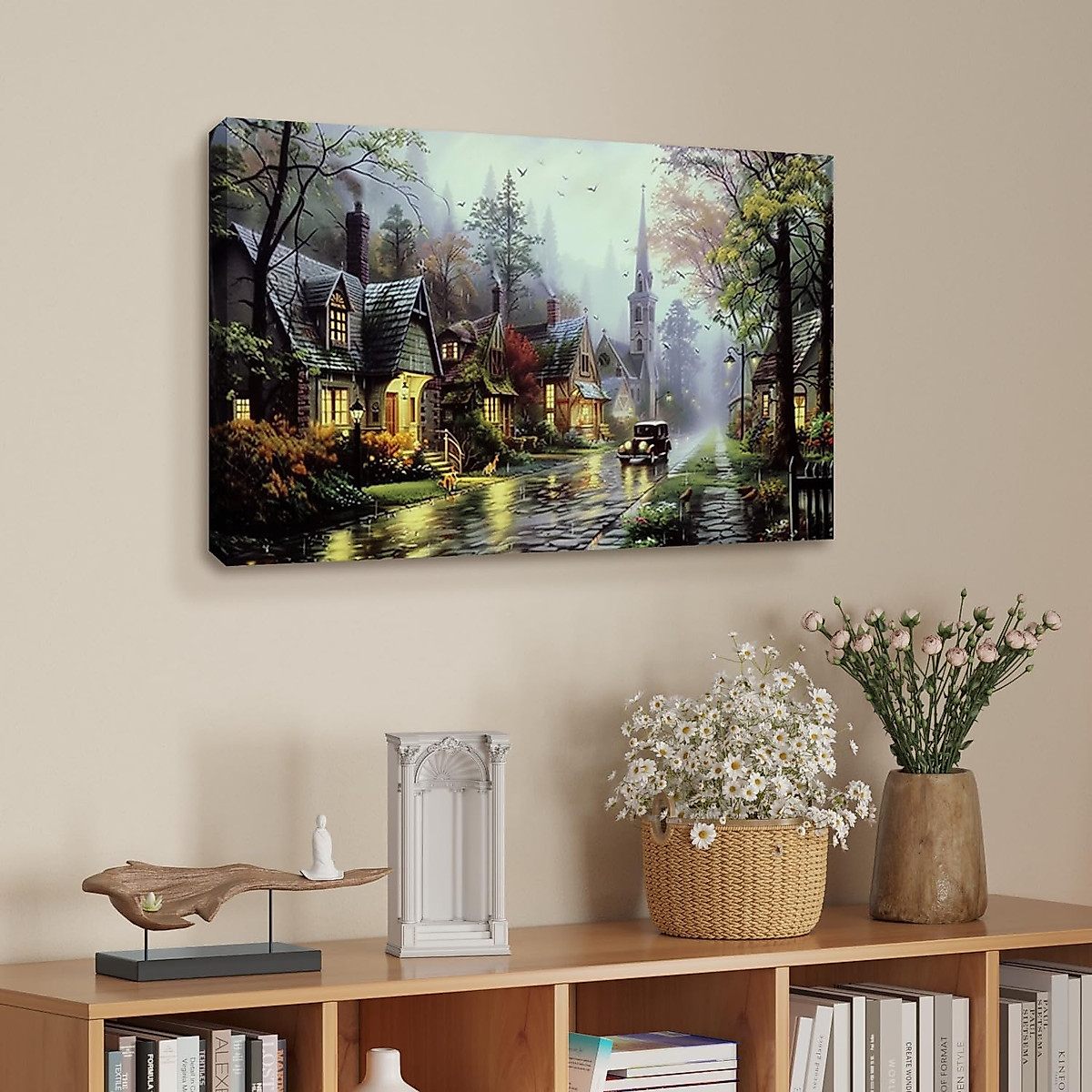 BOHU ARTS Clocktower Cottage Canvas Art Paintings Landscape Wall Art for Bedroom Livingroom Office Framed Ready to Hang