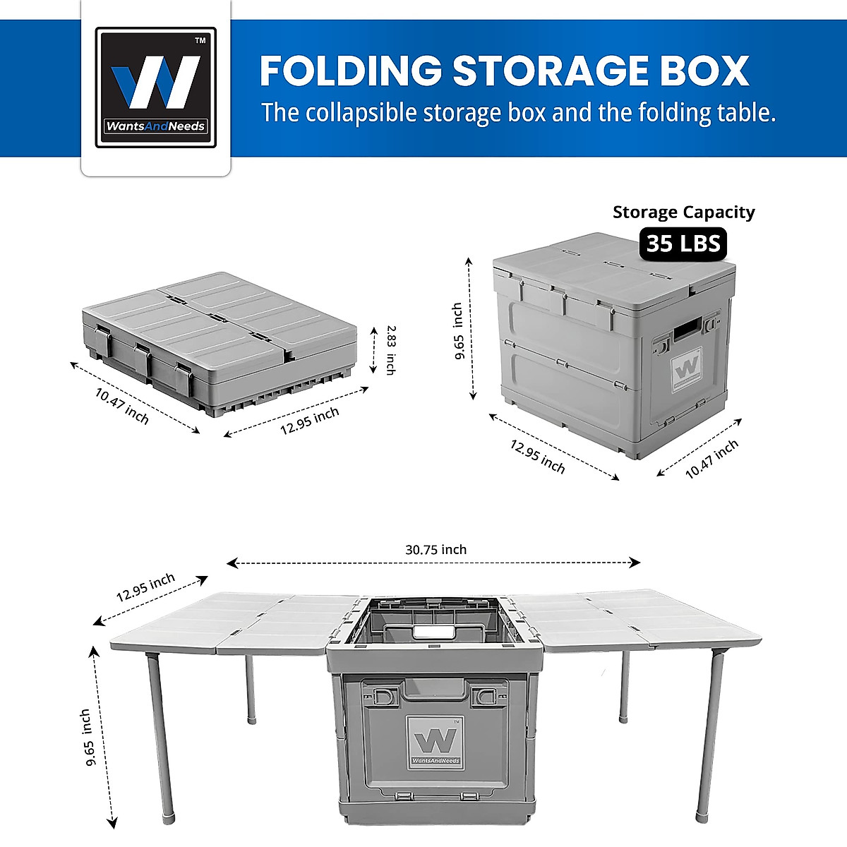 W WANTSANDNEEDS Folding Storage Bin – Collapsible Foldable Storage Bin with Lid – 2-in-1 Portable Plastic Bin with Folding Table – Storage Tote for Camping, Picnic, Outdoor Activities, Tailgating