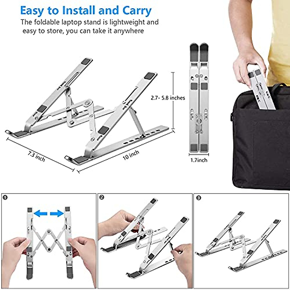 Laptop Stand, Laptop Holder Riser Computer Stand, Adjustable Aluminum Foldable Portable Notebook Stand, Compatible with MacBook Air Pro, HP, Lenovo, Dell, More 10-15.6” Laptops and Tablets (Silver)