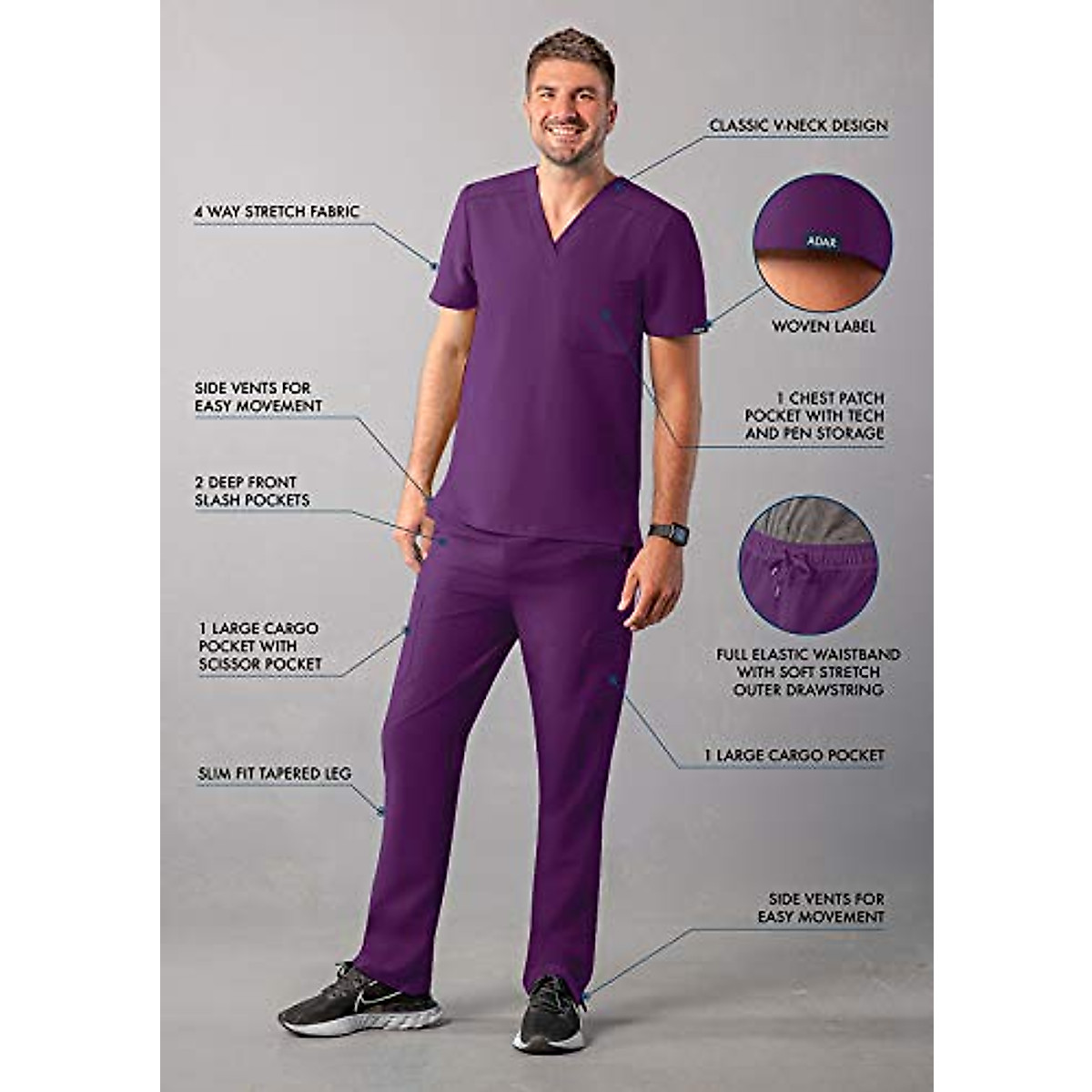 Adar Addition Go-Basic Scrub Set for Men - Classic V-Neck Scrub Top & Cargo Scrub Pants - A9300 - Eggplant - M