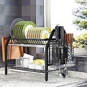 1Easylife Dish Drying Rack, 2 Tier Dish Rack Stainless Steel with Utensil Knife Holder and Cutting Board Holder Dish Drainer with Removable Drain Board for Kitchen Counter Organizer Storage