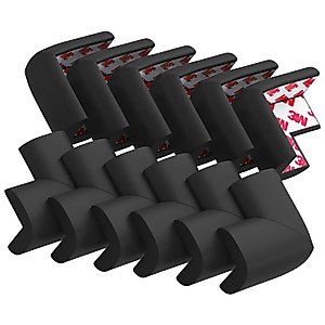 12 Pack Soft Corner Protector Baby Proofing Edge and Corner Guards, Safety Pre-Taped Rubber Foam Furniture Bumper for Fireplace, Table, Stair, Cabinet (Black)