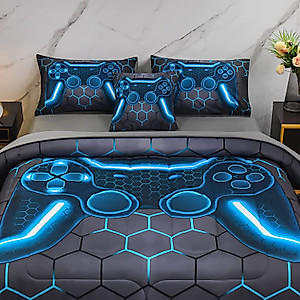 Keyroal 6Pcs Game Console Comforter Set with Sheets for Boys Girls Kids Teens, Geometric Gaming Themed Bed in A Bag Full Size, Blue 3D Video Gamer Controller Bedroom Decor Bedding Set
