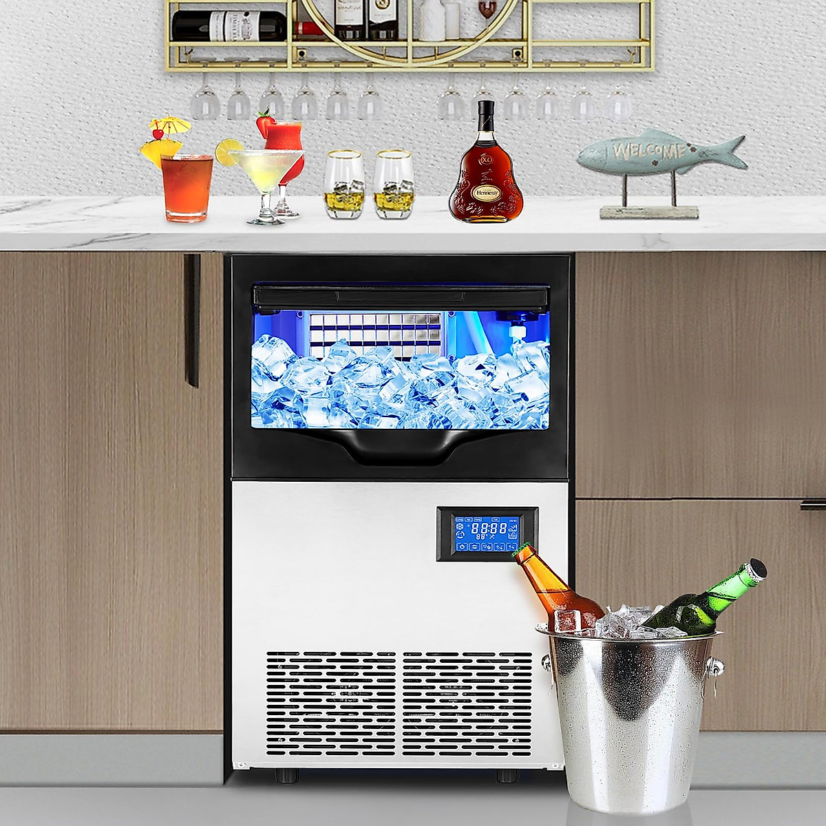 Commercial Ice Maker Machine,Freestanding/Under Counter Stainless Steel Ice Machine,100Lbs/24 Hour with 35Lbs Ice Storage Capacity, Perfect for Restaurant/Bar/Cafe/Shop/Home/Office