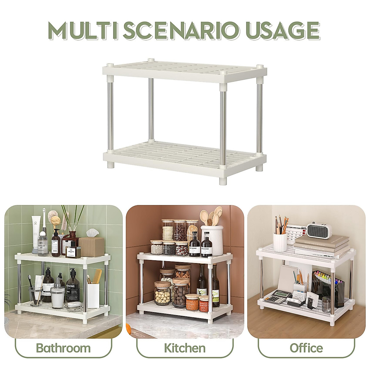 LEAIJIAFY 2 Tier White Plastic Bathroom Organizer Countertop Storage Shelf,Counter Under Sink Standing Shelf Vanity Organizer for Kitchen,Makeup Organizer for Bathroom Cabinet,13MM Metal Tubes