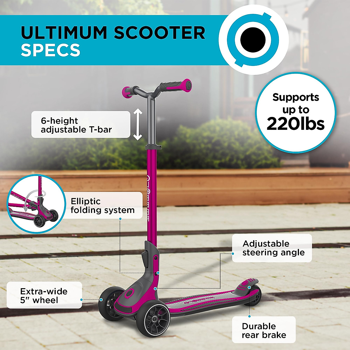 Globber Ultimum Scooter | 3-Wheel Kick Scooter for Adults & Kids 5+ | Foldable Kick Scooter with Safe, Non-Slip Deck & Premium Brakes (Pink)