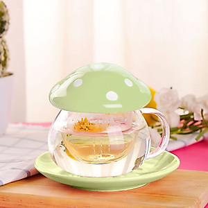 WHJY Mushroom Tea Cup with Infuser and Lid, Cute Mushroom Mug, Kawaii Glass Tea Cup with Ceramic Lid and Coasters, Glass Tea Cups with Strainer, 11 oz/340 ml - Green