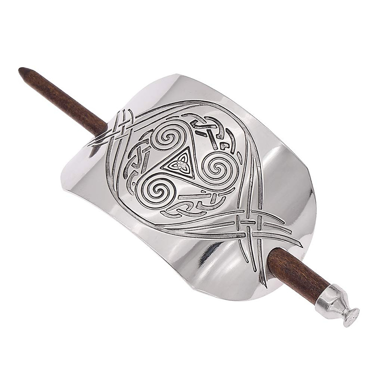 BetterUS Handmade Carved Wooden Hair Clip with Stick in Metal Curved Cover Women Hair Style Tool (2#)