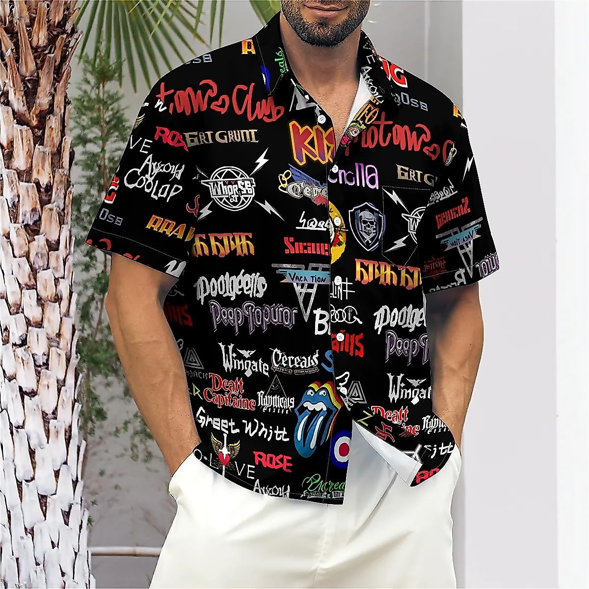 Bhlounplo Button Down Shirt Men Rock and Roll Punk Print Pocket Lapel Hawaiian Casual Loose Short Sleeve Shirt-Black-2-XXXL