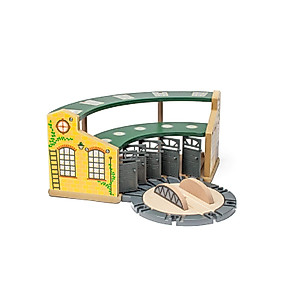 maxim enterprise, inc. Wooden Train Round House Combo with Rotating Turntable, Train Shed to House 5 Engines or Cars, Wooden Train Track Accessories Compatible with Major Brand Railway Sets
