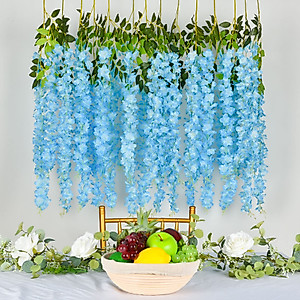 DearHouse 6 Pack 3.75 Feet/Piece Artificial Fake Wisteria Vine Ratta Hanging Garland Silk Flowers String Home Party Wedding Decor (Blue)