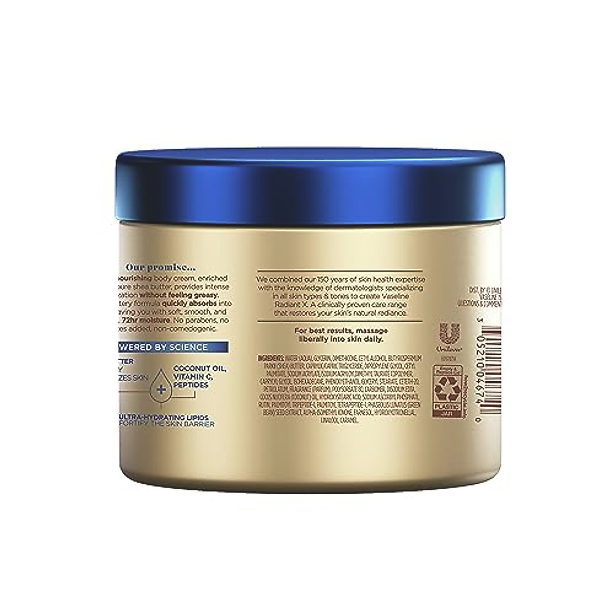 Vaseline Radiant X Deep Nourishment Body Cream 100% Pure Shea Butter, Coconut Oil, Vitamin C, & Peptides 10 oz