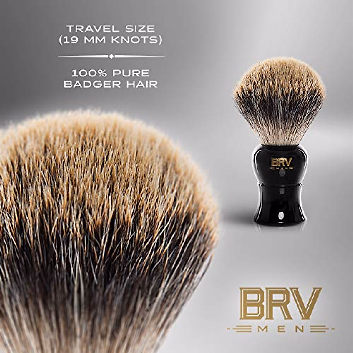 BRV MEN Pure Badger Shaving Brush (19mm knots) - Heavy Resin Handle - Use with Double-Edge Safety Razor, Straight Razor and Shaving Bowl (Black)