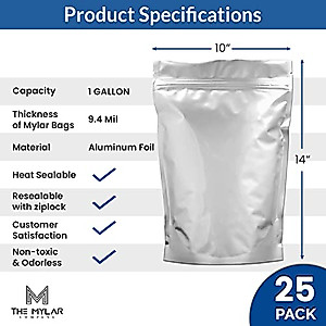 25 Stand Up Mylar Bags 1 Gallon THICK for Long Term Food Storage - 9.4 Mil - 10" x 14" ; Airtight Vacuum Sealing Resealable Ziplock Pouches Large Food Grade Mylar Bags Light, Moisture, Smell and Water