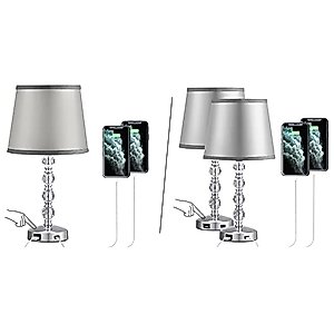 Unfusne Set of 3 Crystal Lamp with USB Port - Touch Control Table Lamp for Bedroom 3 Way Dimmable Nightstand Bedside Lamp with Gray Fabric Shade, Small Lamps for Living Room, Dorm, Home,Office