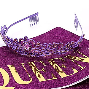 CIEHER Purple Birthday Sash & Queen Crown Kit, Purple Birthday Decorations, Purple Crown, Purple Tiara, Purple Crowns for Women Girls, Purple Birthday Crown Tiara, Birthday Crown and Sash, Purple Birthday Gifts for Women, Purple Happy Birthday, 16th 18th
