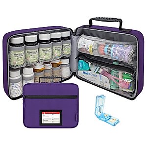 StarPlus2 Select Large Pill Bottle Organizer with Pill Cutter, Medicine Bag, Case, Carrier for Medications, Vitamins, and Medical Supplies with Fixed Pockets – for Home Storage and Travel - Purple