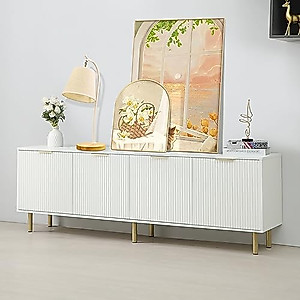 Furniwood TV Stand for 80 Inch TV, Entertainment Center TV Stand with 4 Large Drawers, Mid Century Modern TV Stand for Living Room, Media TV Console Table with Storage for Bedroom, Warm White