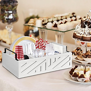 Ameuphercy Paper Plate Holder Utensil Caddy for Kitchen Counter，Paper Plate Dispenser with Large Cup Holder for Kitchen Counter, Paper Plate Organizer for Party,Wedding, BBQ(White-Carving)