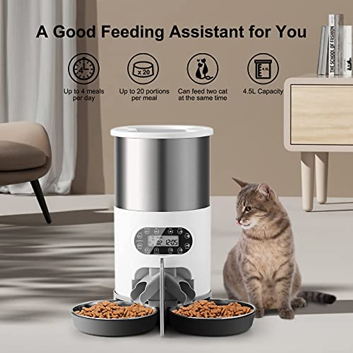 Automatic Cat Feeders, Timed Dog Cat Food Dispenser for Dry Food, Intelligent Portion Control 1-4 Meals Per Day ,Voice Recorder, Pet Self Feeding with Stainless Steel Liner&2 Bowls-4.5L