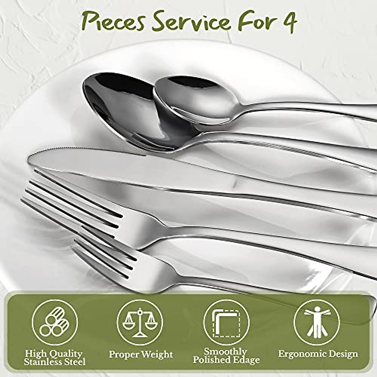 20-Piece Silverware Set, Modern Flatware Utensil Cutlery Set for 4, Food Grade Stainless Steel Tableware Includes Knife Spoons and Forks Set, Mirror Polished, Dishwasher Safe