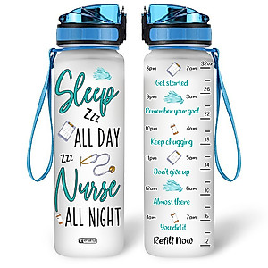 Hyturtle Sleep All Day Nurse All Night Stethoscope 32Oz Liter Motivational Water Bottle, Tracking Water With Time Marker, Appreciation Gifts For Women Nurse Coworkers On Birthday Nurse's Day