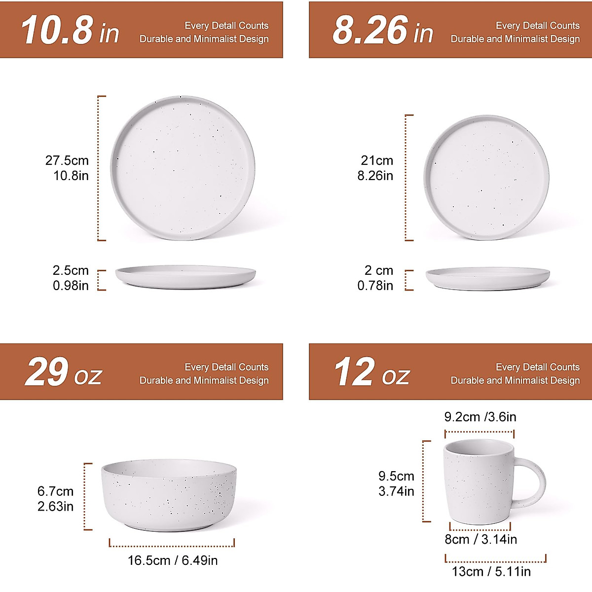 MTLWTL Dinnerware Sets, Dish Set for 4, 16 pieces Ceramic Plates and Bowls Set with Mugs, Microwave, Oven & Dishwasher Safe, White Speckled