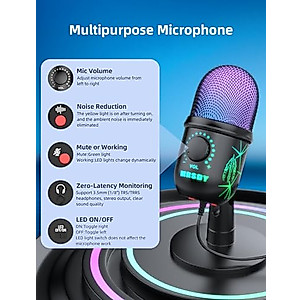 MRSDY USB Microphone, Plug and Play Gaming Mic for PC, Mac, PS4/5, Podcast Microphone with RGB, Mute, Monitor, Noise Reduction, Volume Gain, Great for Recording, Streaming