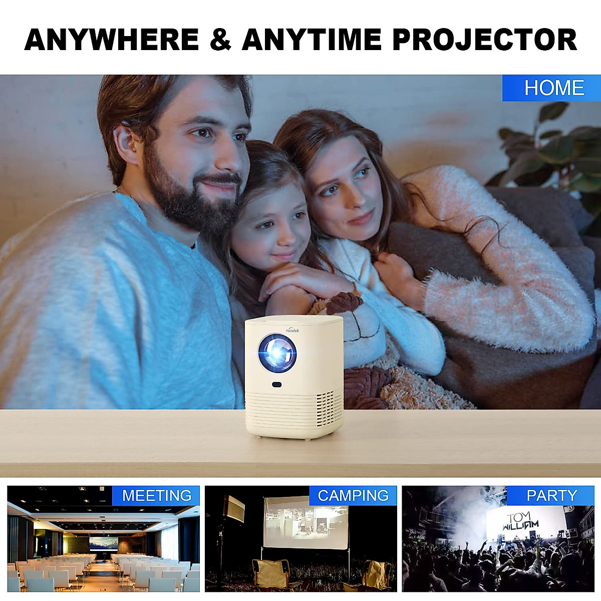 Hasatek Projector,Portable Projector, Beige,Mini Projector with WiFi and Bluetooth,Outdoor Projector 4k for Movies Night,Native 1080p HD,10W Speaker,150 Inch Picture,Home Entertainment