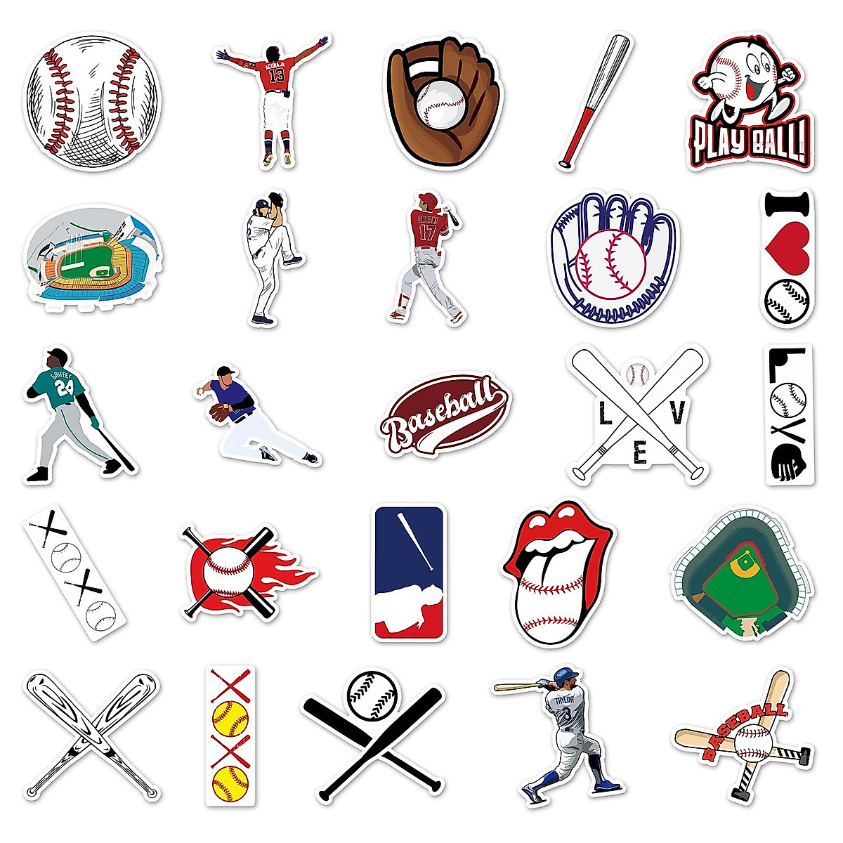 JOICEE 50pcs Baseball Stickers，Waterproof Vinyl Baseball Tattoos for Kids Teens Boys Adults, Sports Decals for Snowboard Laptop Water Bottles Hydro Flasks Phone Guitar Skateboard Computer