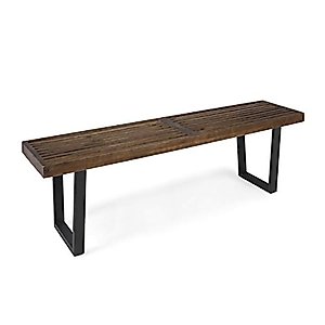 Great Deal Furniture JOA Patio Dining Bench, Acacia Wood with Iron Legs, Modern, Contemporary, Dark Brown and Black