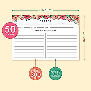 Sweetzer & Orange 4x6 Recipe Cards. Set of 50x Floral, Blank Recipe Cards 4x6 Inches Double Sided. Large Recipe Index Card Fits Standard 4x6 Recipe Box.