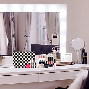 PAZIMIIK Makeup Bag Large Zipper Corduroy Make Up Pouch for Purse Travel Canvas Cosmetic Organizer for Women Brush Storage,Checkered Black