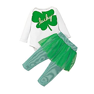 1st St. Patrick's Day Outfit Newborn Infant Baby Girl Long Sleeve Lucky Clover Romper Bodysuit Green Tutu Pants Set (Green A, 9-12 Months)