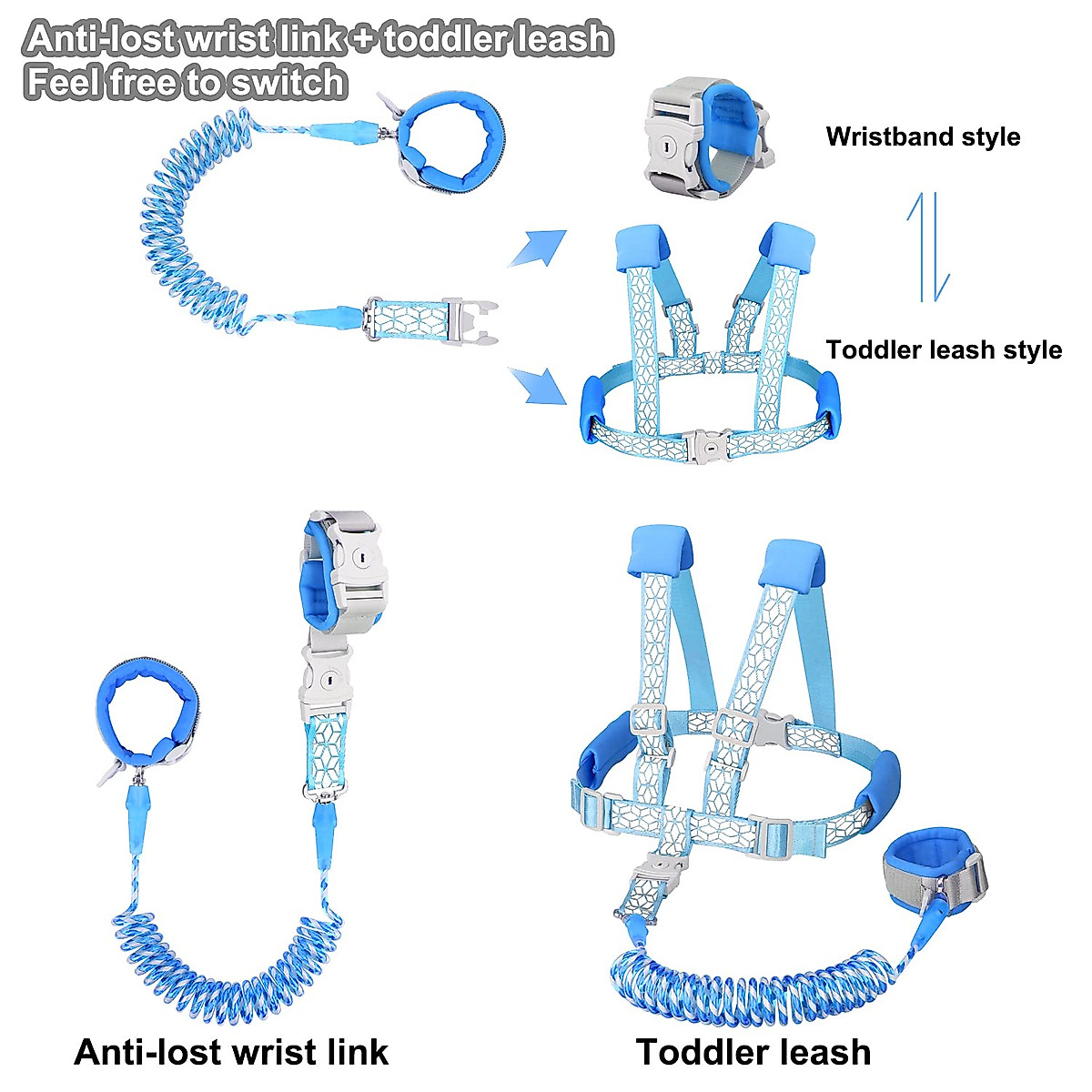 Blisstime 2 in 1 Reflective Toddler Leash -Anti Lost Wrist Link for Toddlers -Toddler Harness,Baby Leash,Leash for Toddlers,Wrist Leashes,Child Leashes for Toddlers,Not Easy to Open Without Key (Blue)