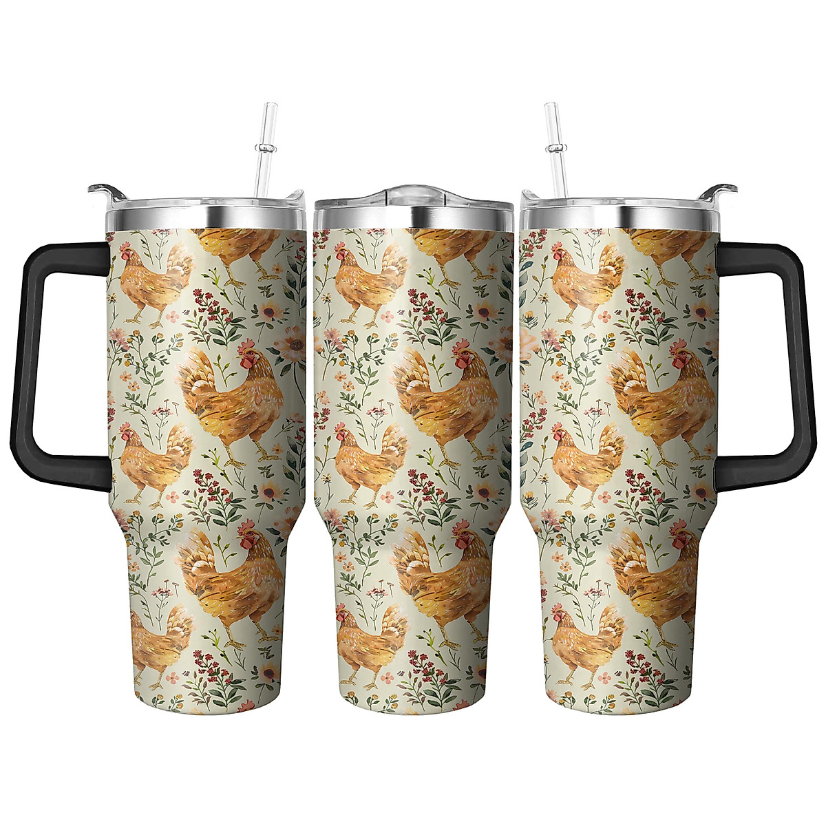 Ksoemar 40 Oz Chicken Tumbler with Handle and Straw, Double Wall Stainless Steel Mug, Insulated Rooster Cup Gifts for Chicken Lovers, Travel Mug